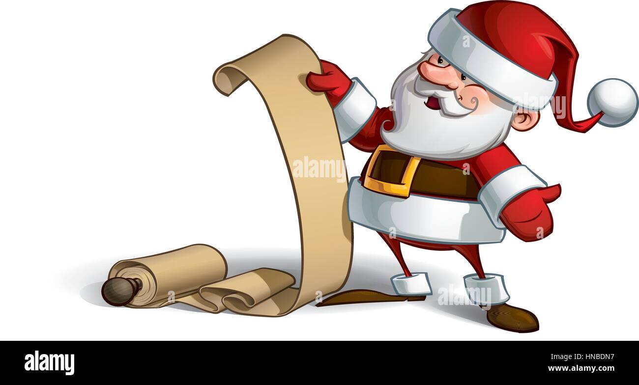 Cartoon vector illustration of a smiling Santa Claus holding a scroll ...
