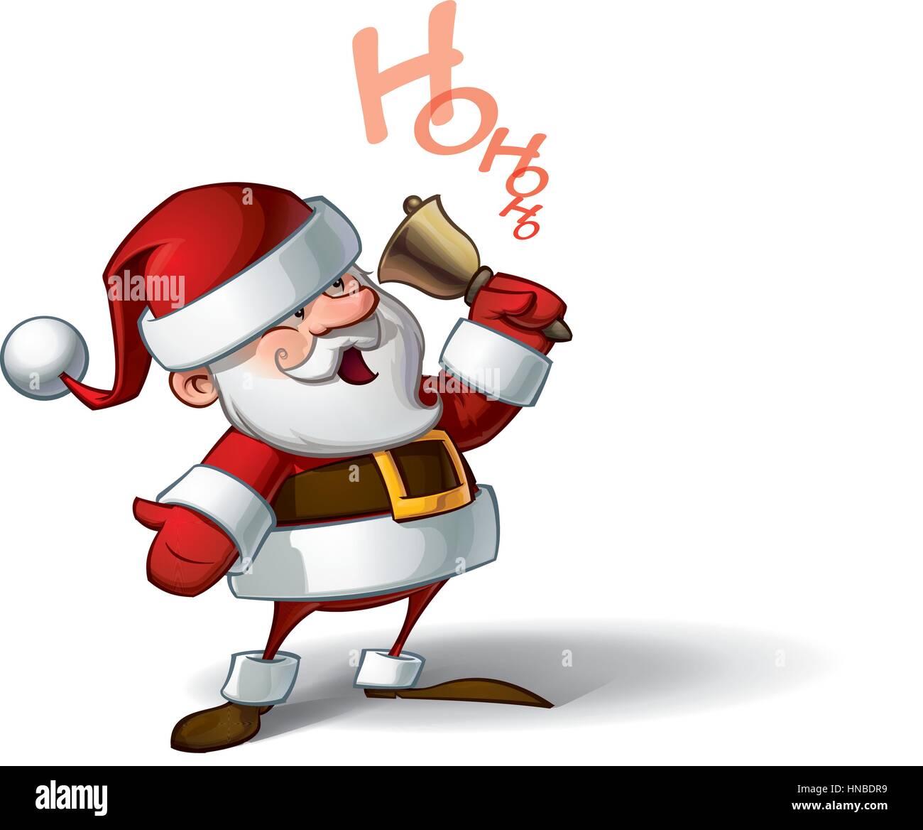 Cartoon vector illustration of a smiling Santa Claus ringing a bell and ...