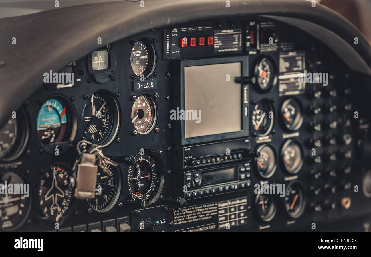 Vintage aircraft cockpit detail. Retro aviation, aircraft instruments ...