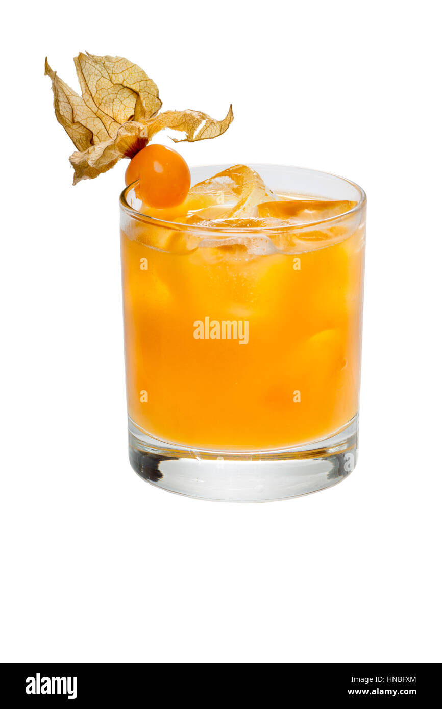 Yellow lemonade decorated with orange physalis Stock Photo - Alamy