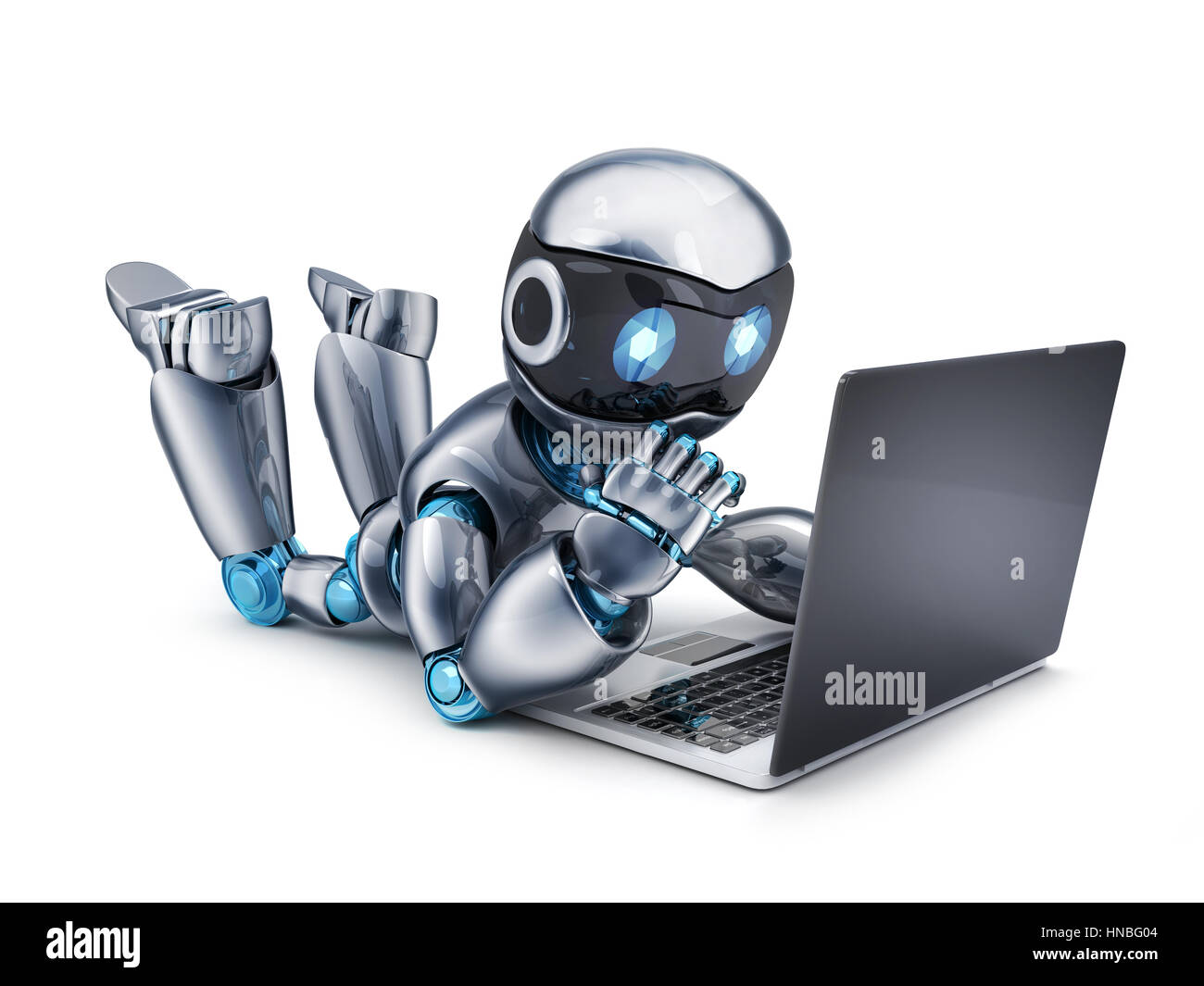 Robot working at a laptop. 3d illustration Stock Photo - Alamy