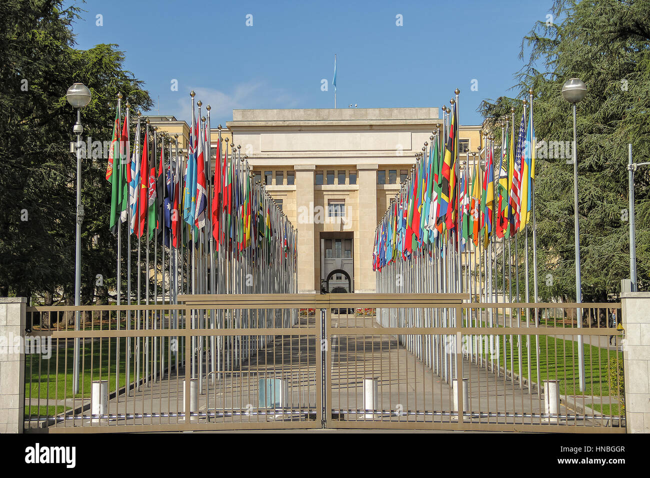 Set of flags in courtyard in front of the building Stock Photo - Alamy