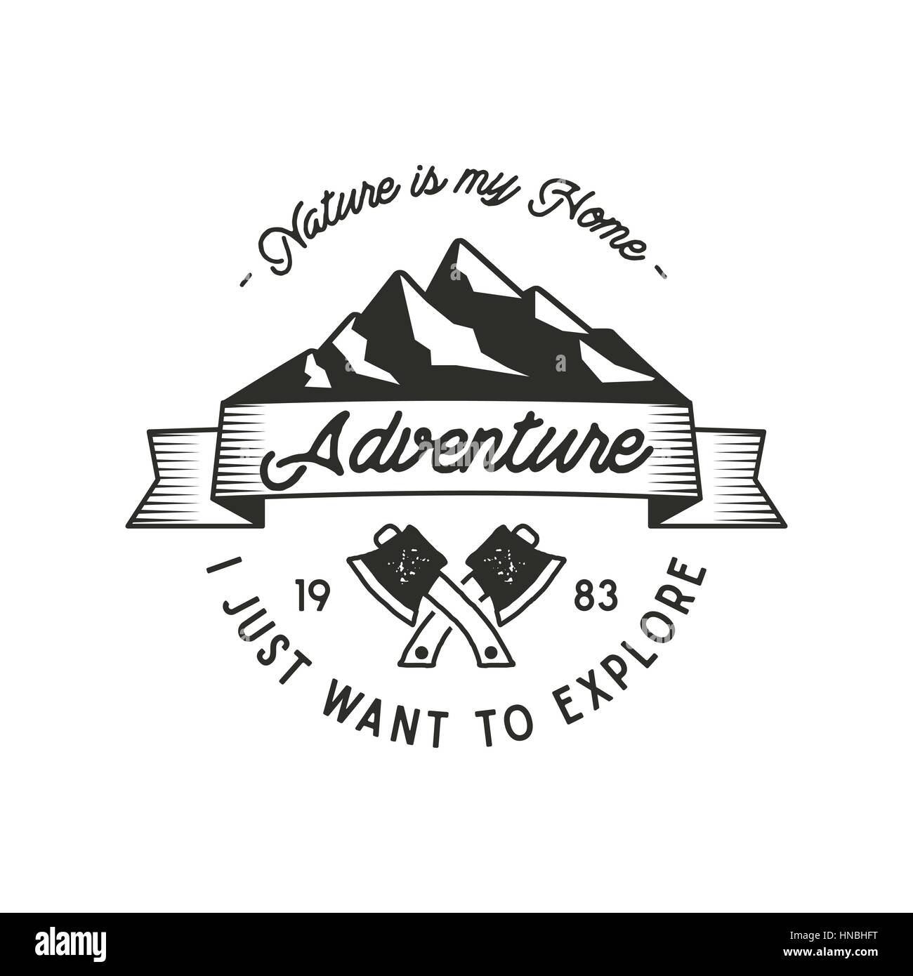 Mountain expedition adventure label with axe symbols and typography ...
