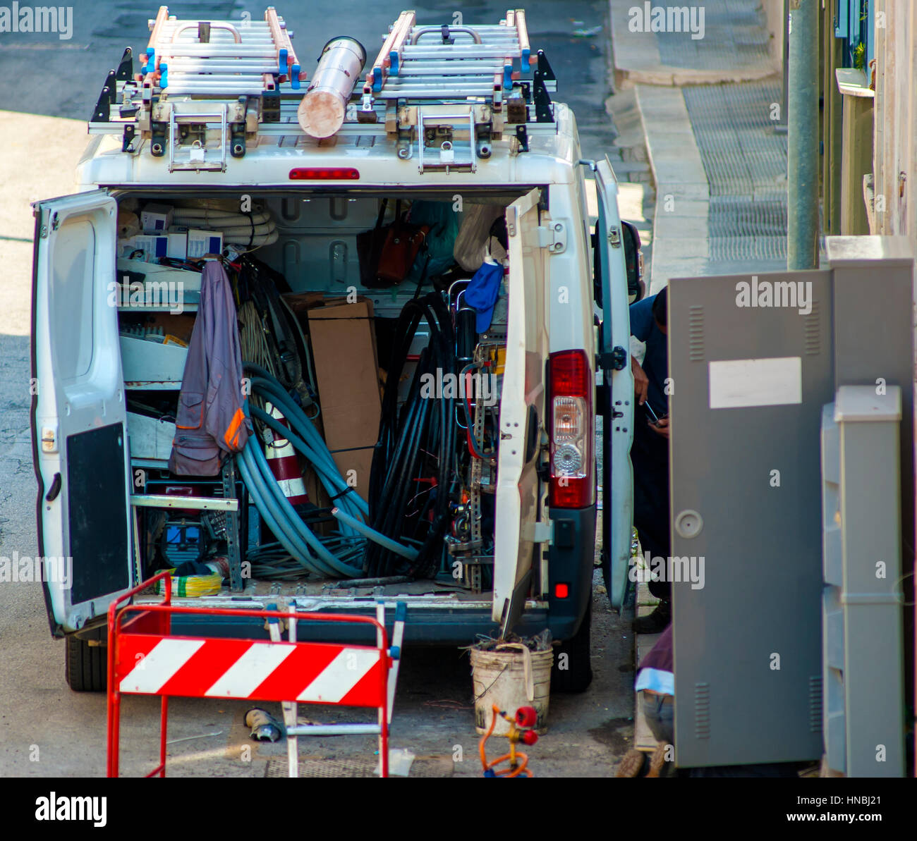 van equipped for electricity and telephone repairs Stock Photo - Alamy