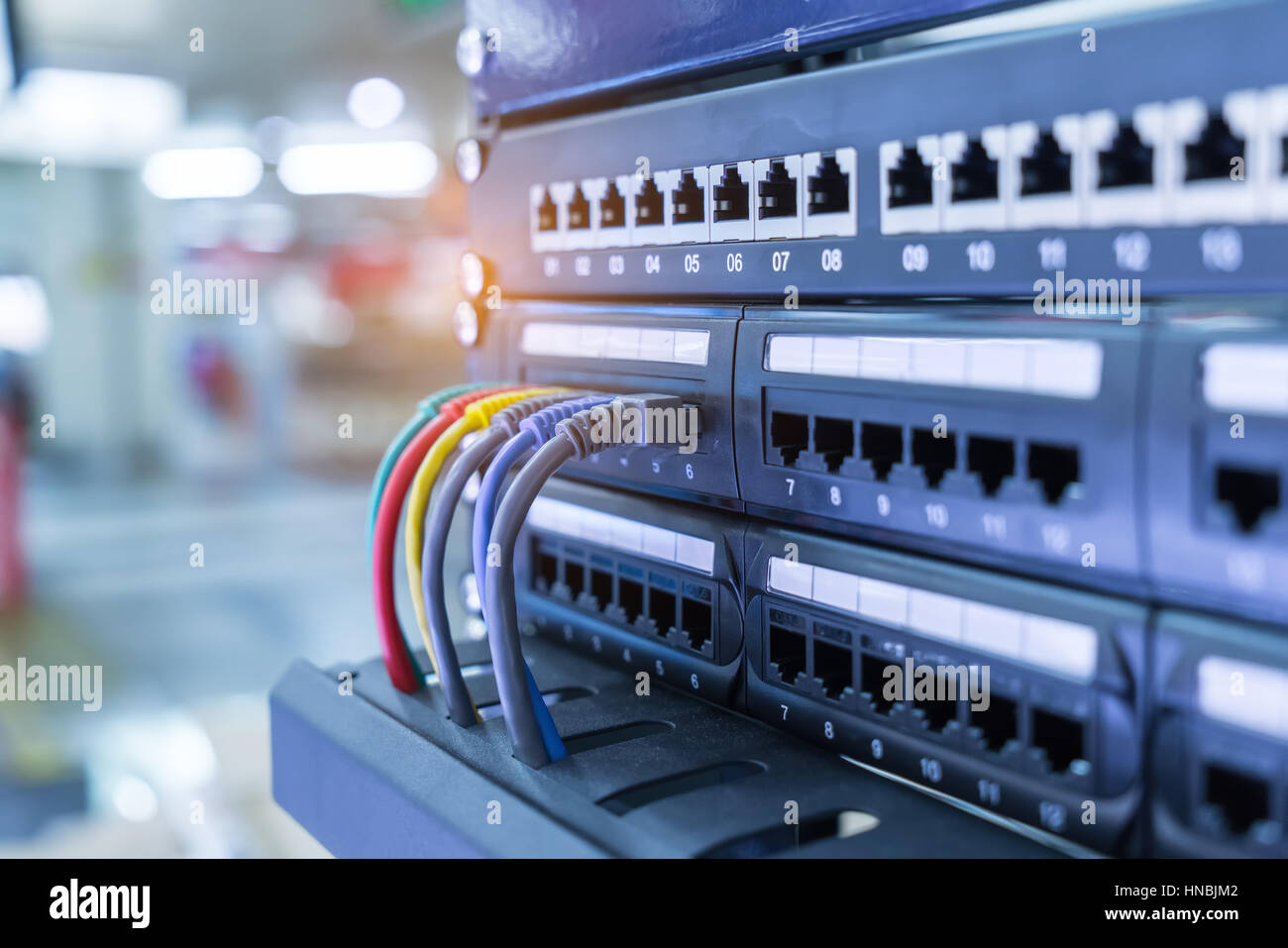 network cables and hub closeup with fiber optical background Stock ...