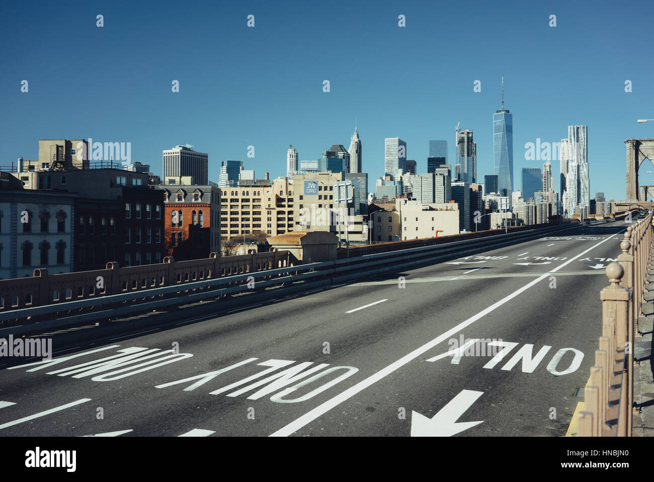 Image of an empty road at the Brooklyn Bridge in New York. Manhattan ...