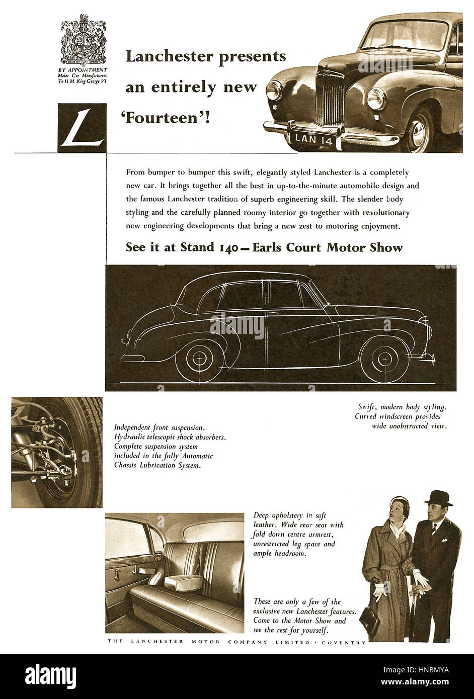 1950 British advertisement for the Lanchester Fourteen motor car Stock ...