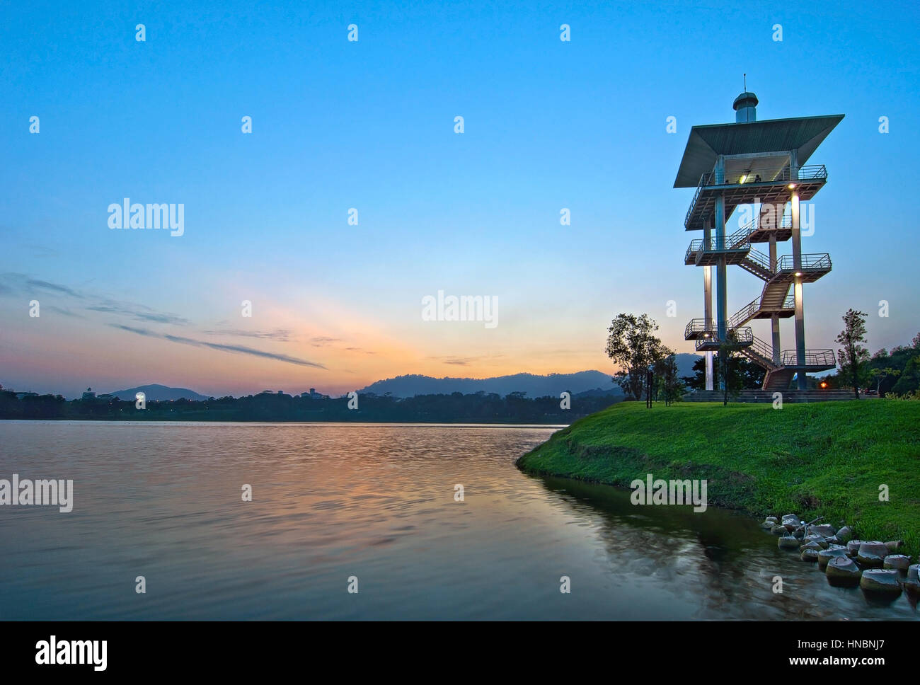 Observation tower at sunset, Kepong Metropolitan Park, Selangor ...