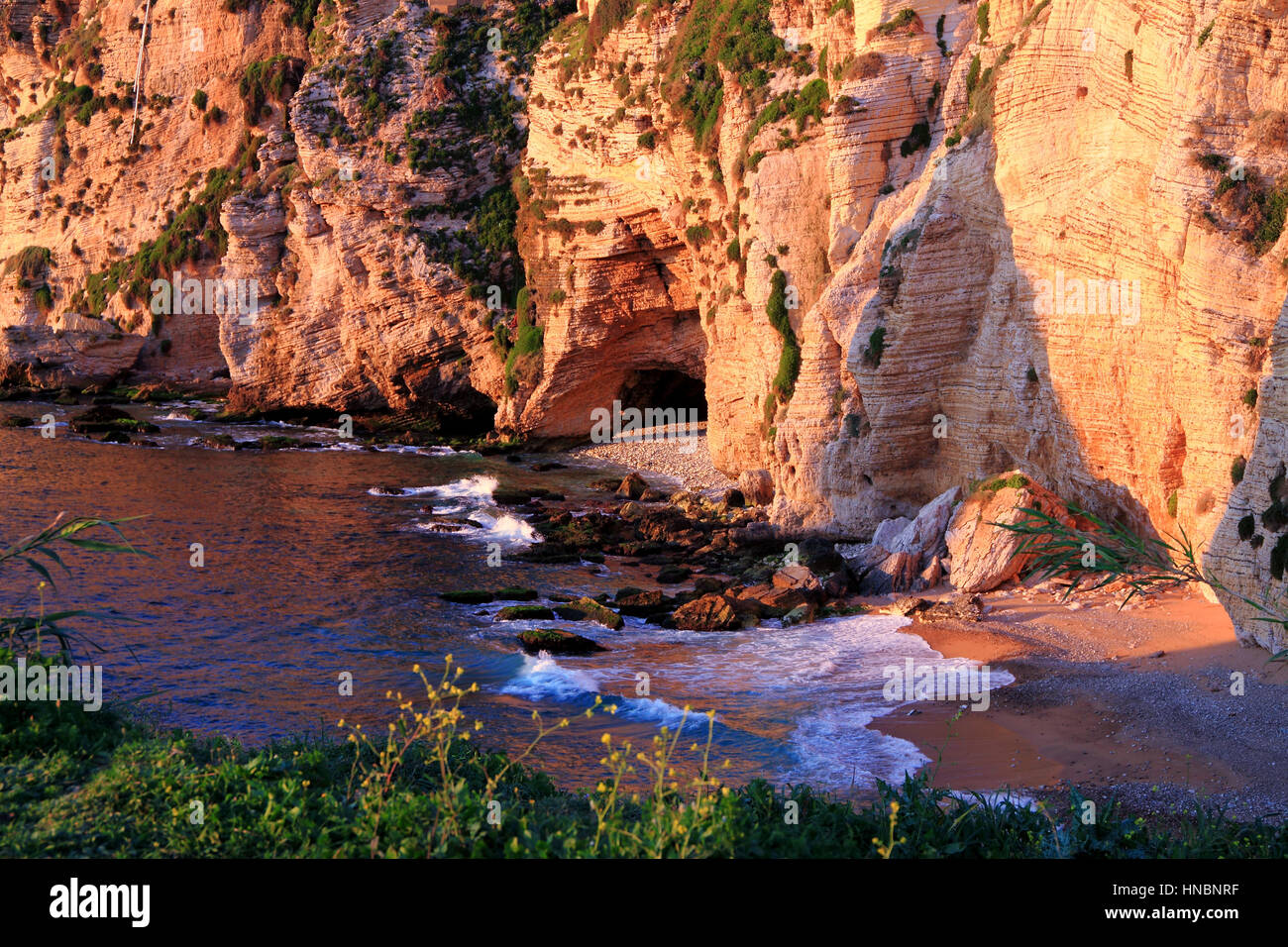 The rocky cliffs of Beirut's Mediterranean shoreline, Lebanon Stock ...