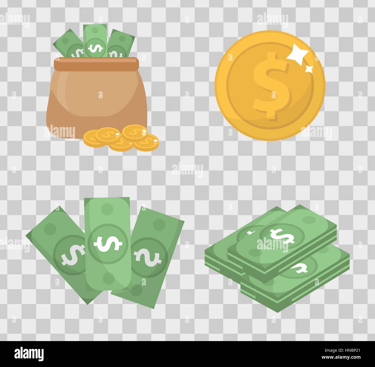 Money and coin set icons flat style, isolated on transparent background ...