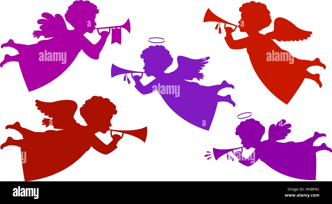 Flying angel playing trumpet. Silhouette heavenly messenger, cherub icon or symbol. Vector ...