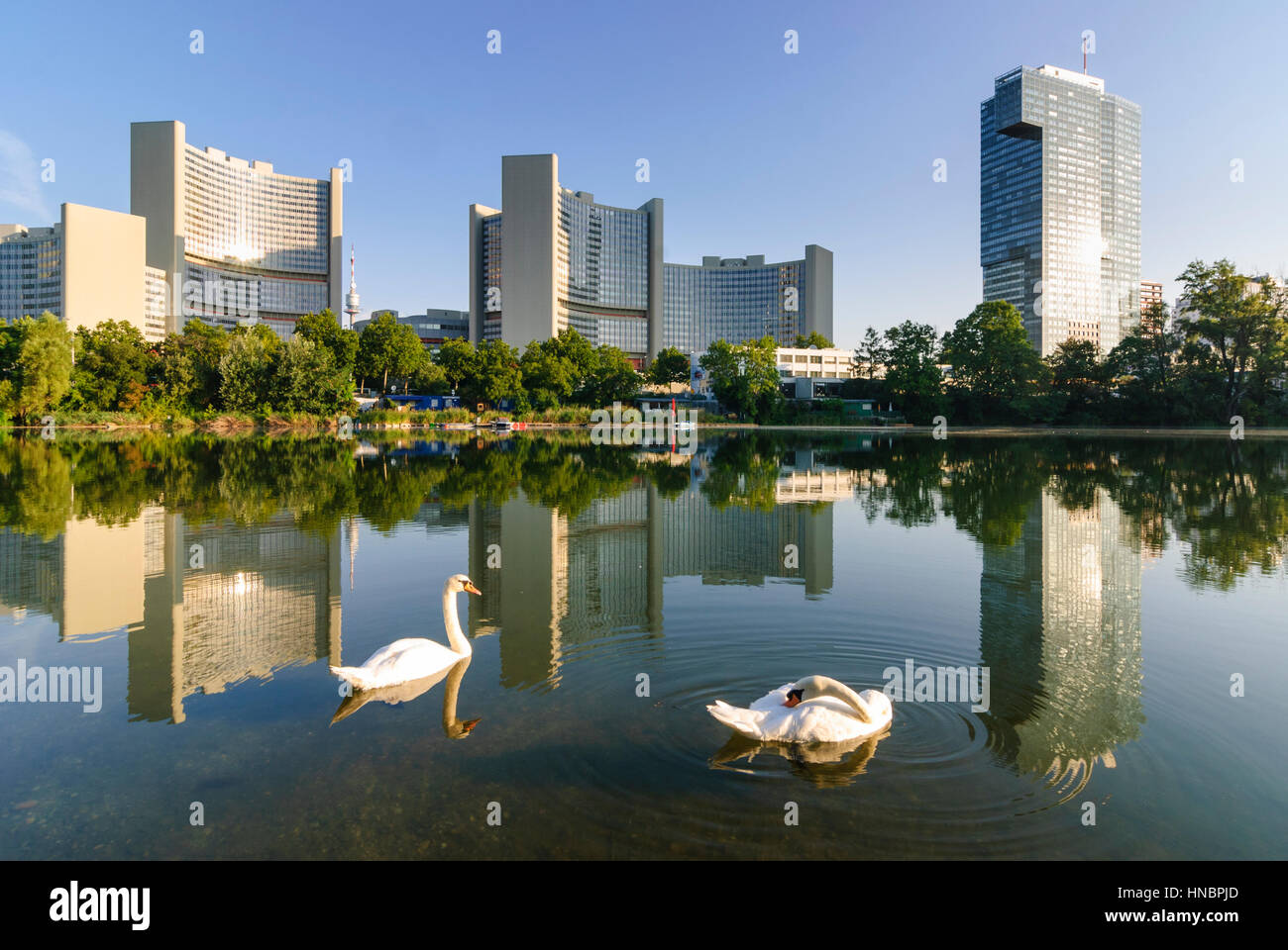 Wien, Vienna, UNO-City and IZD-Tower (right) on lake Kaiserwasser, mute ...