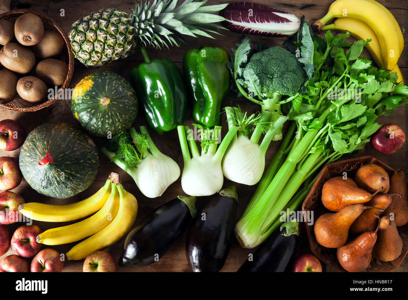 Close up of various organic freshly grown raw fresh farm vegetables ...