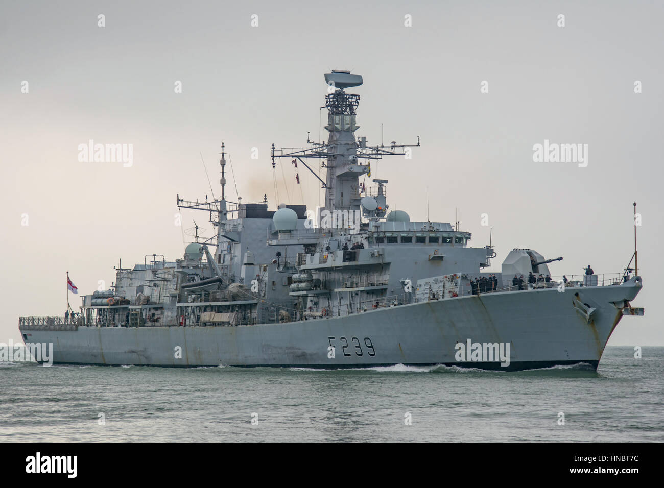 The Royal Navy warship HMS Richmond (F239) a Type 23 frigate arriving at Portsmouth, UK on the ...