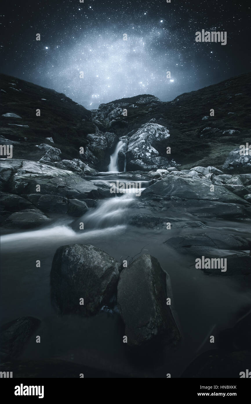 River landscape and milky way at night, Donegal, Ireland Stock Photo ...