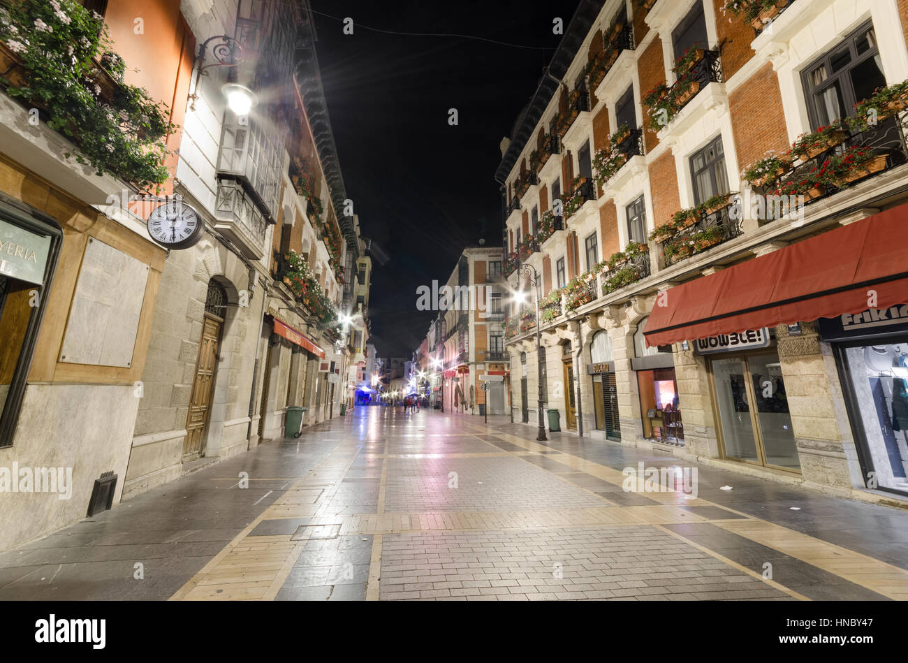 Leon, Spain - August 22, 2014: Night scene of typical street in ...