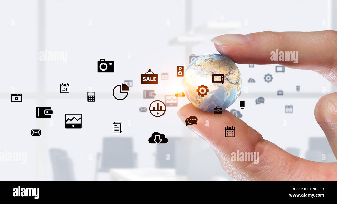 Female hand holding Earth planet presenting connection technologies ...