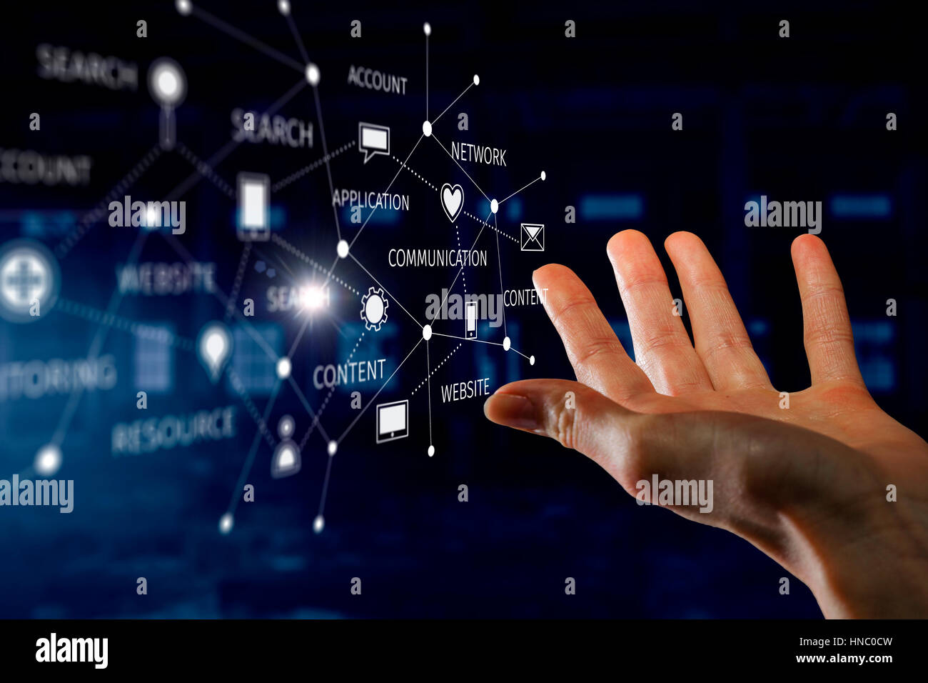 Woman hand showing in palm digital connection concept. 3D rendering ...