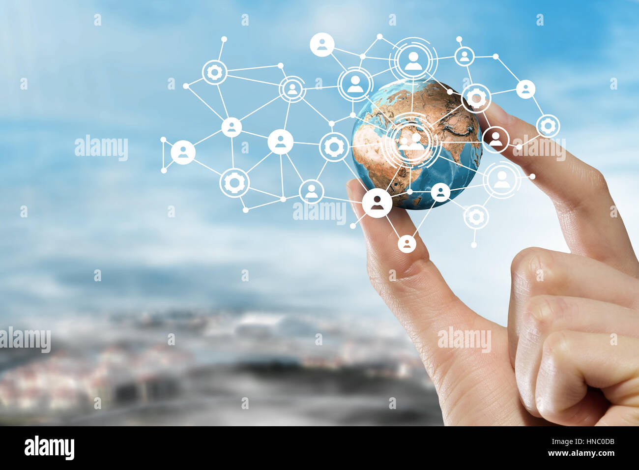 Female hand holding Earth planet presenting connection technologies ...