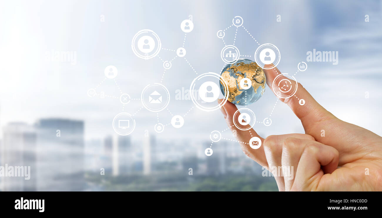 Female hand holding Earth planet presenting connection technologies ...