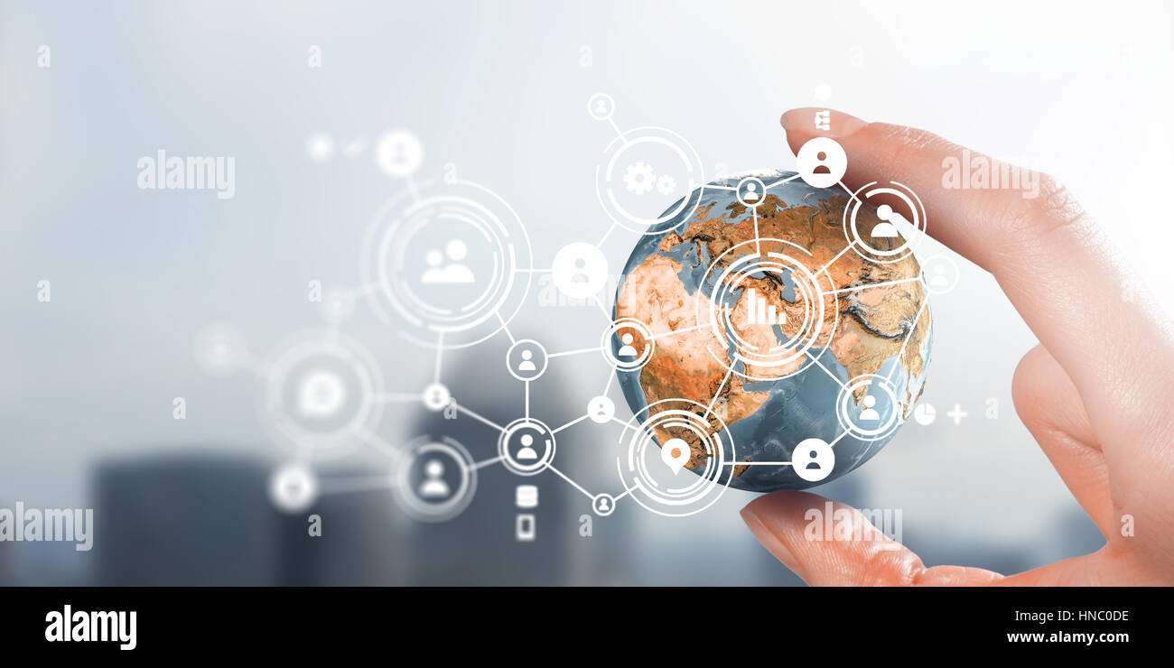 Female hand holding Earth planet presenting connection technologies ...