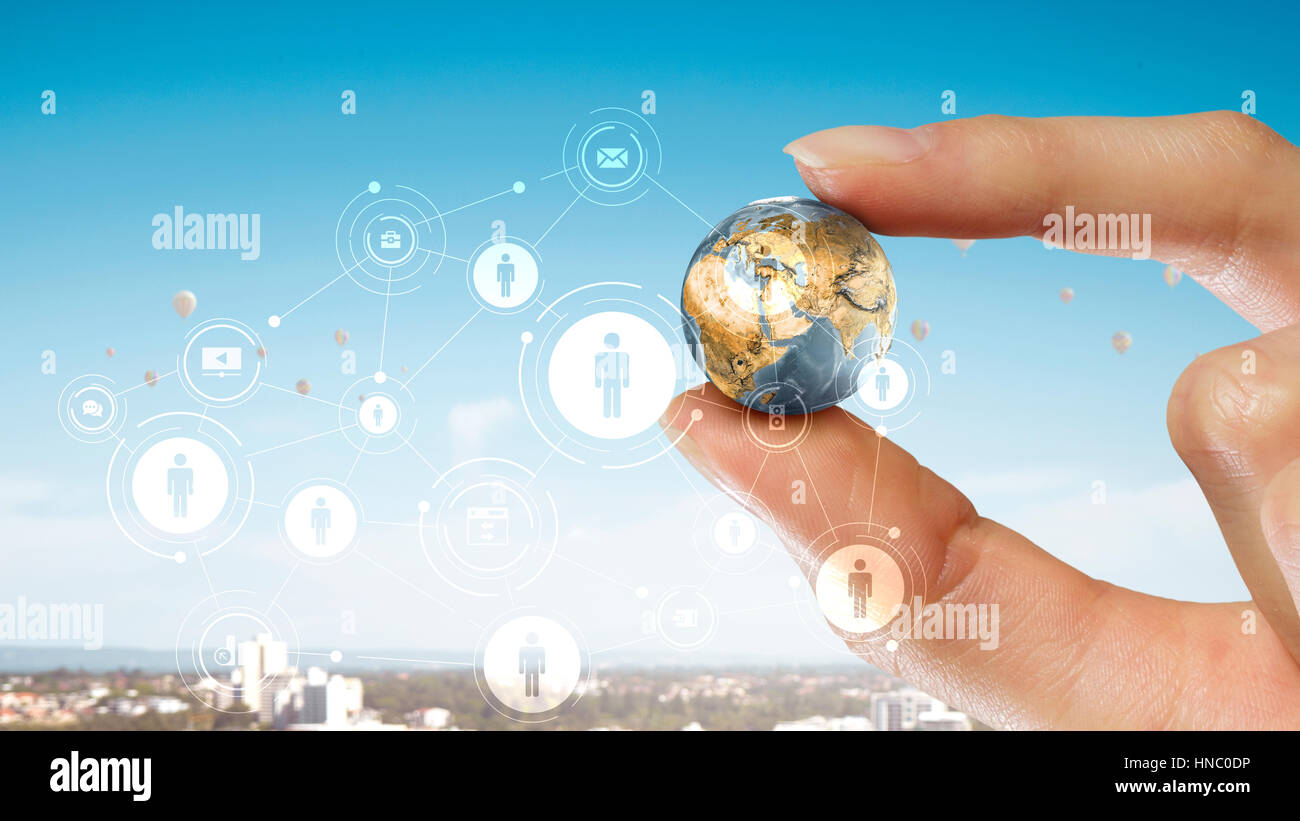 Female hand holding Earth planet presenting connection technologies ...