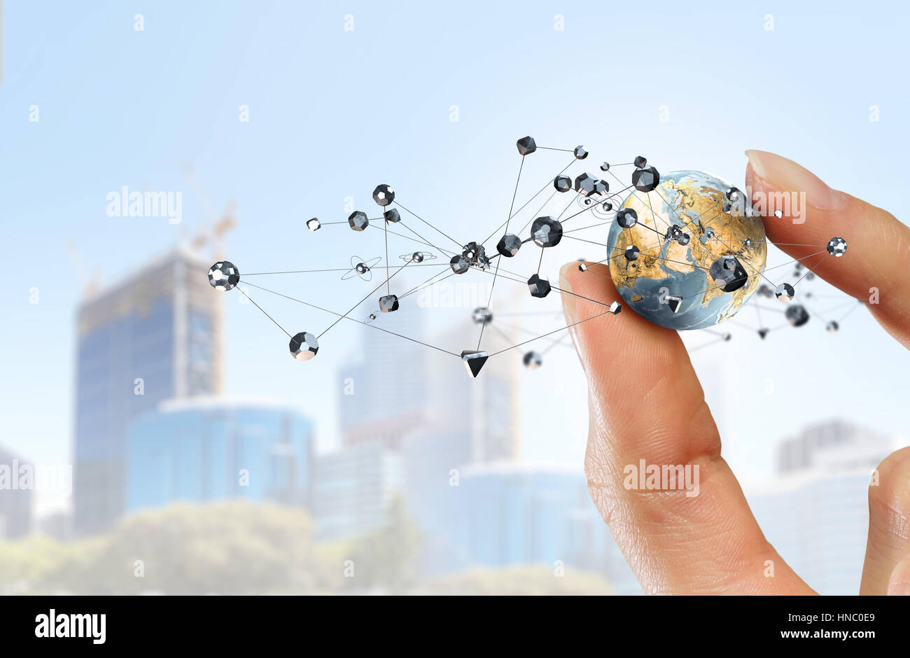 Female hand holding Earth planet presenting connection technologies ...