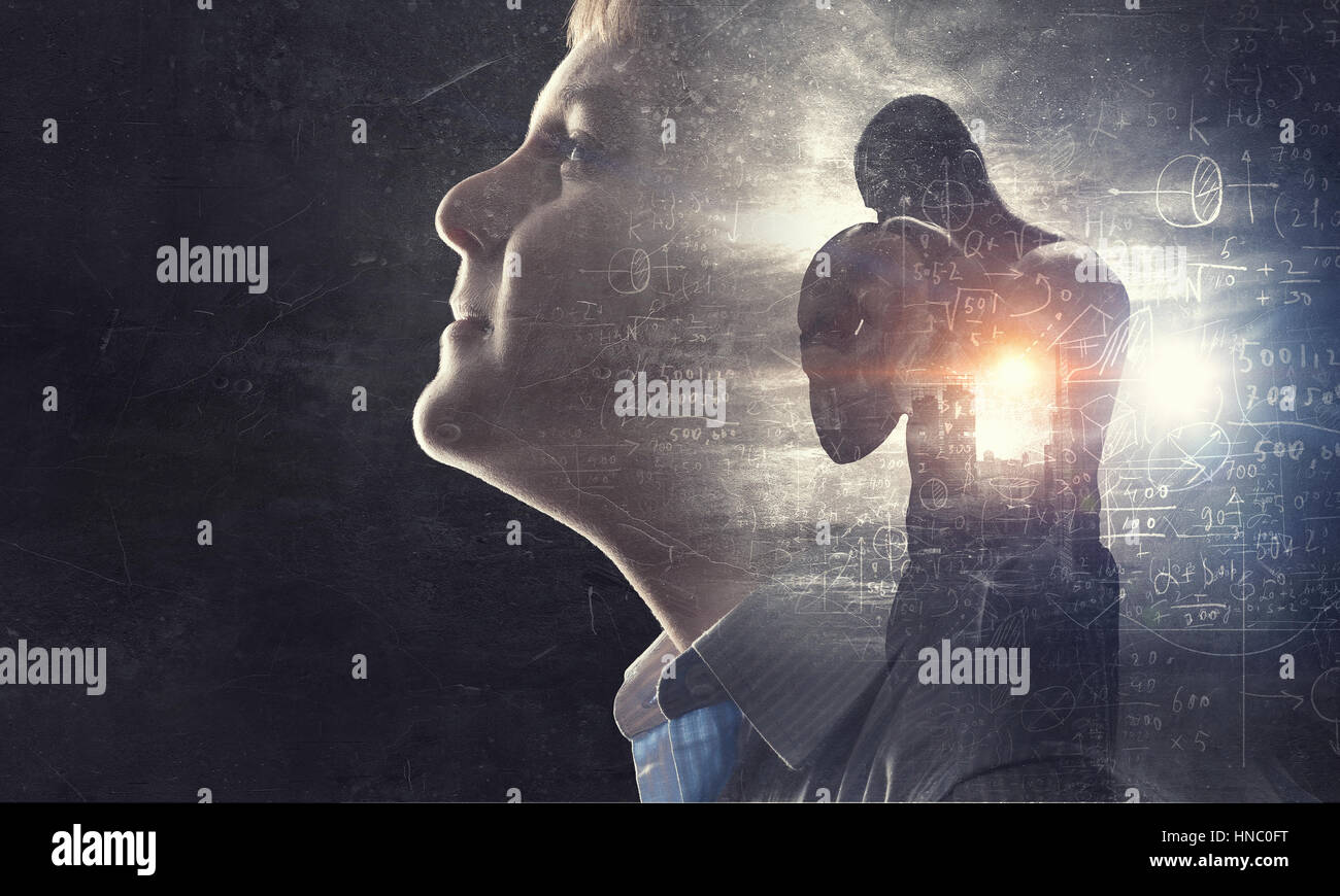 Double exposure portrait of little boy and boxing man Stock Photo - Alamy
