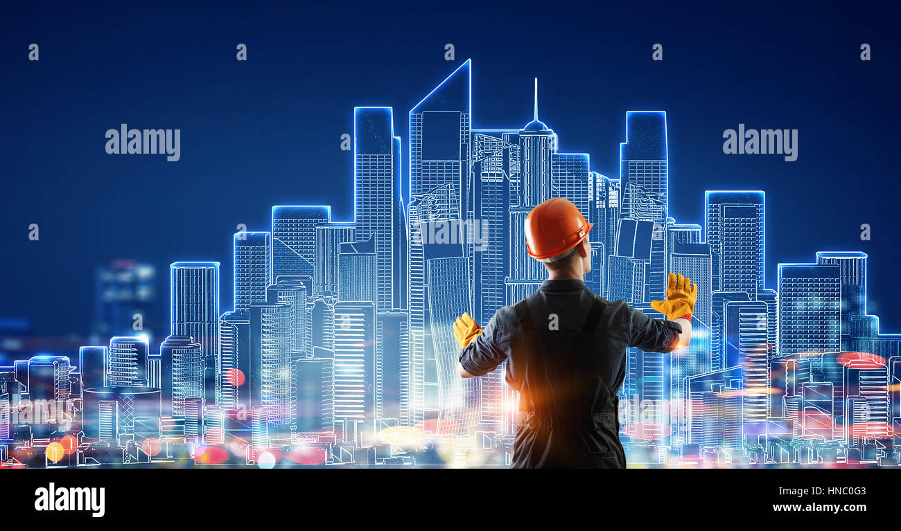 Back view of engineer man working with virtual panel Stock Photo - Alamy