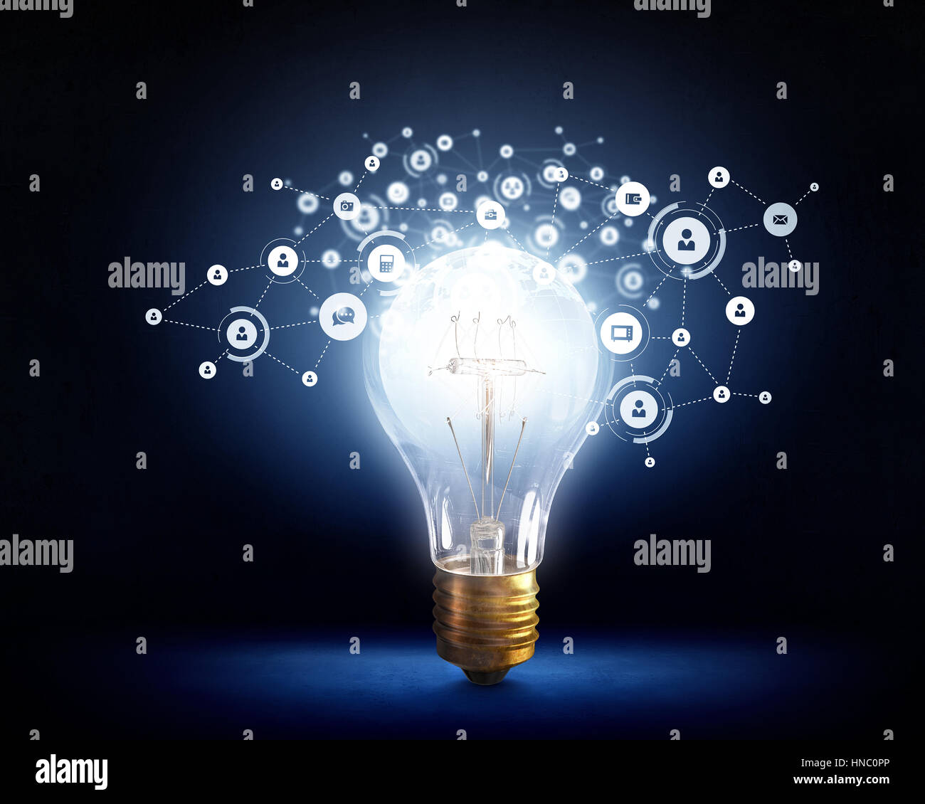 Glass glowing light bulb with connection concept on dark background. 3D ...