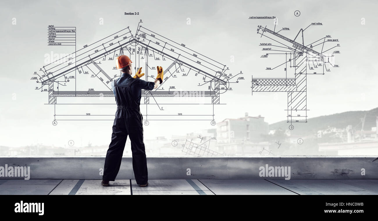 Back view of engineer man working with virtual panel Stock Photo - Alamy
