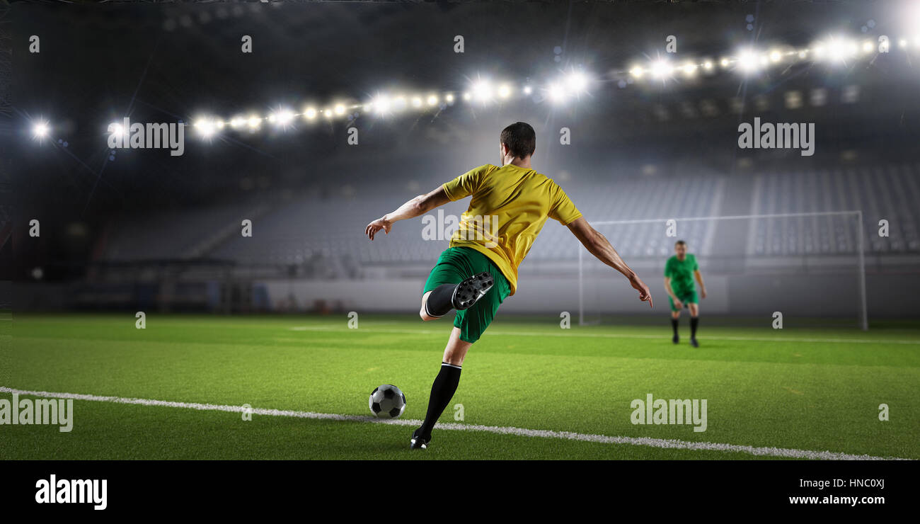 Soccer players in action on stadium fighting for ball. Mixed media ...