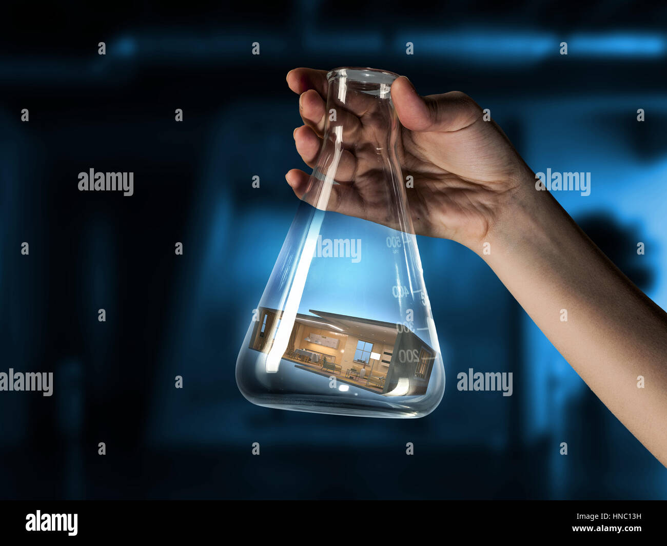 Close up of human hand holding test tube with flat design . Mixed media ...