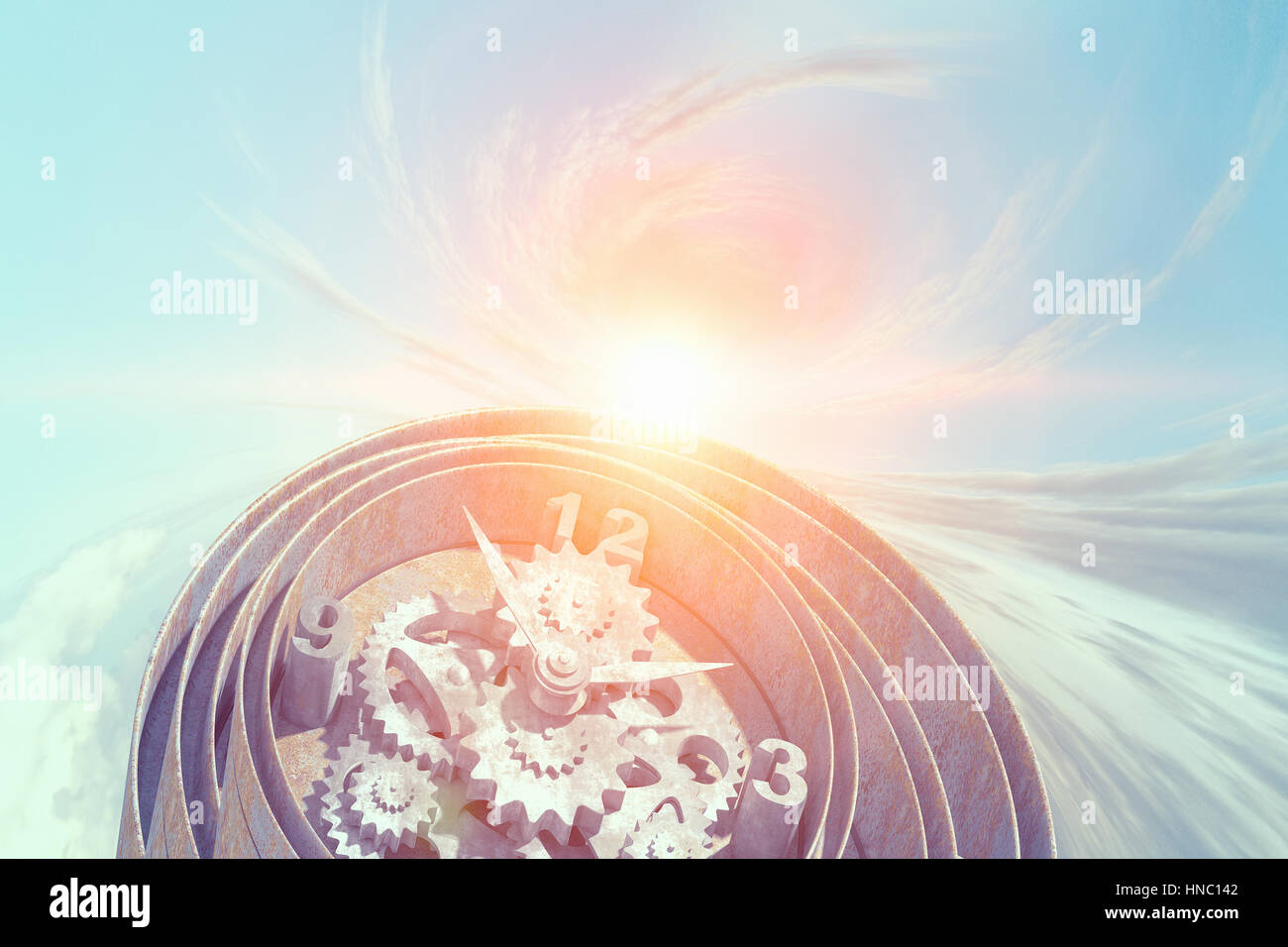 Time concept image with old clock mechanism against nature background ...