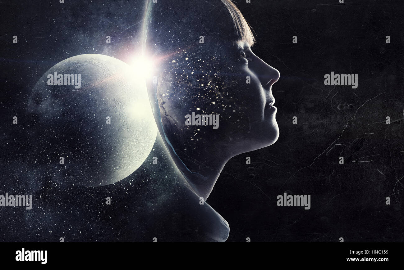 Profile of dreaming kid girl against night sky background Stock Photo ...