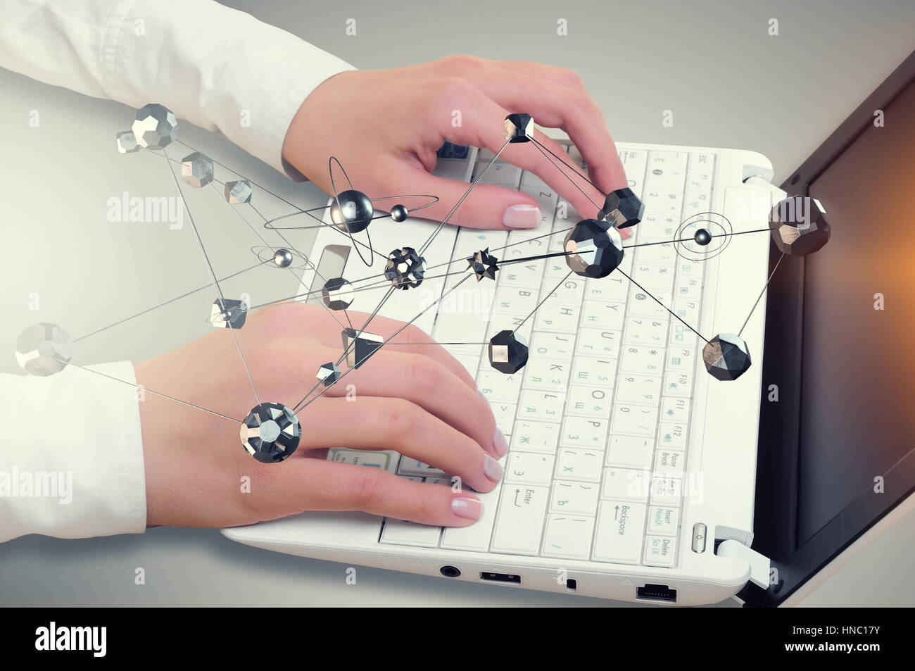 Close of businesswoman working on laptop and connection lines in air ...