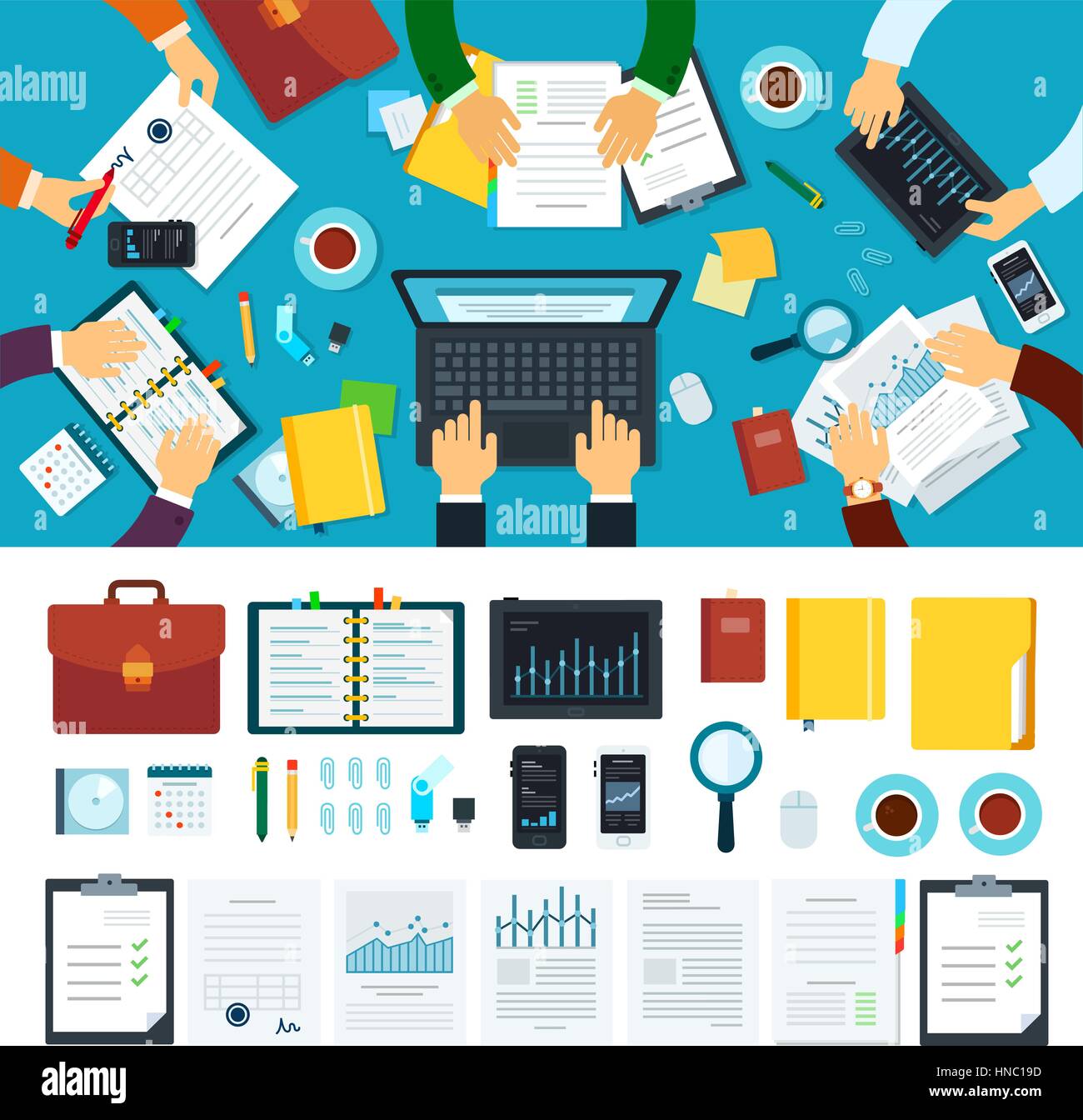 Business teamwork vector flat illustrations. Business team working over ...