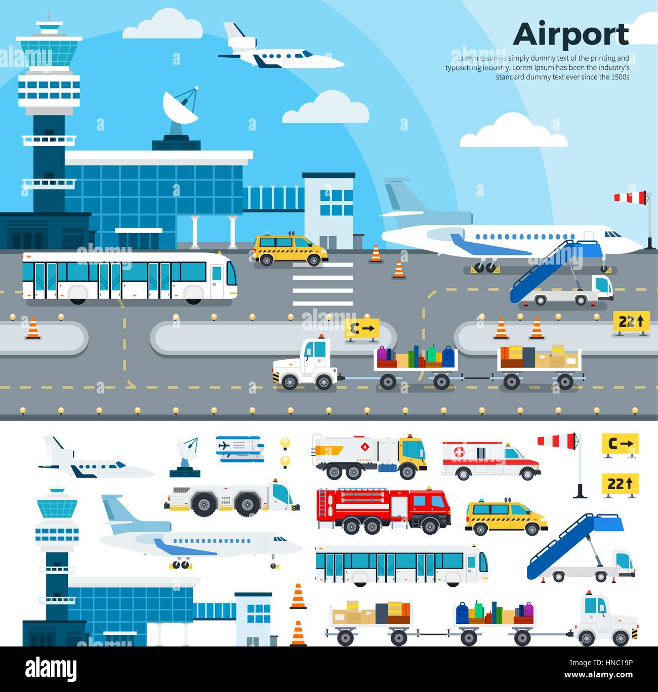 Airport vector flat illustrations. Modern airport exterior with ...