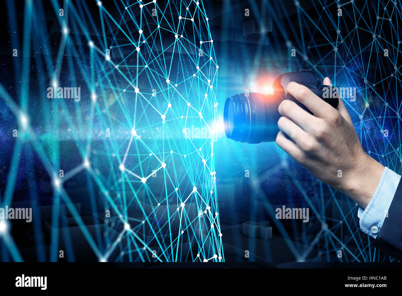 Close of businessman taking photos with his camera. 3D rendering Stock ...