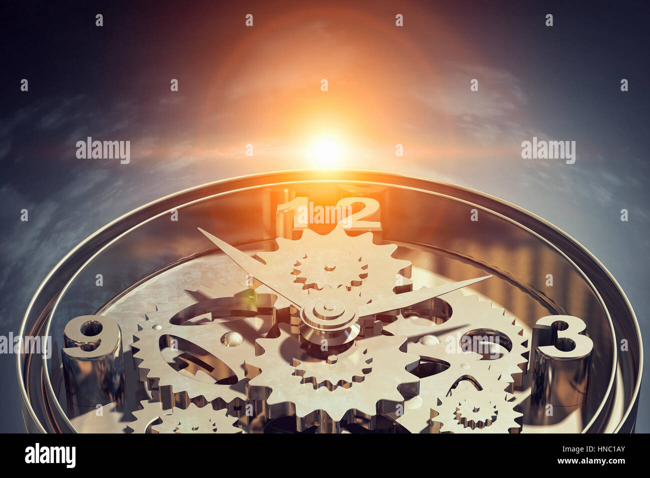 Time concept image with old clock mechanism against nature background ...