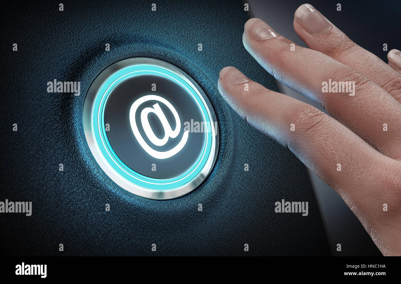 Close of hand pushing glowing blue button Stock Photo - Alamy
