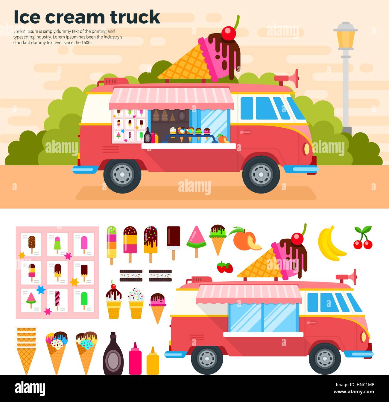 Ice cream truck vector flat illustrations. Ice cream trailer on the ...