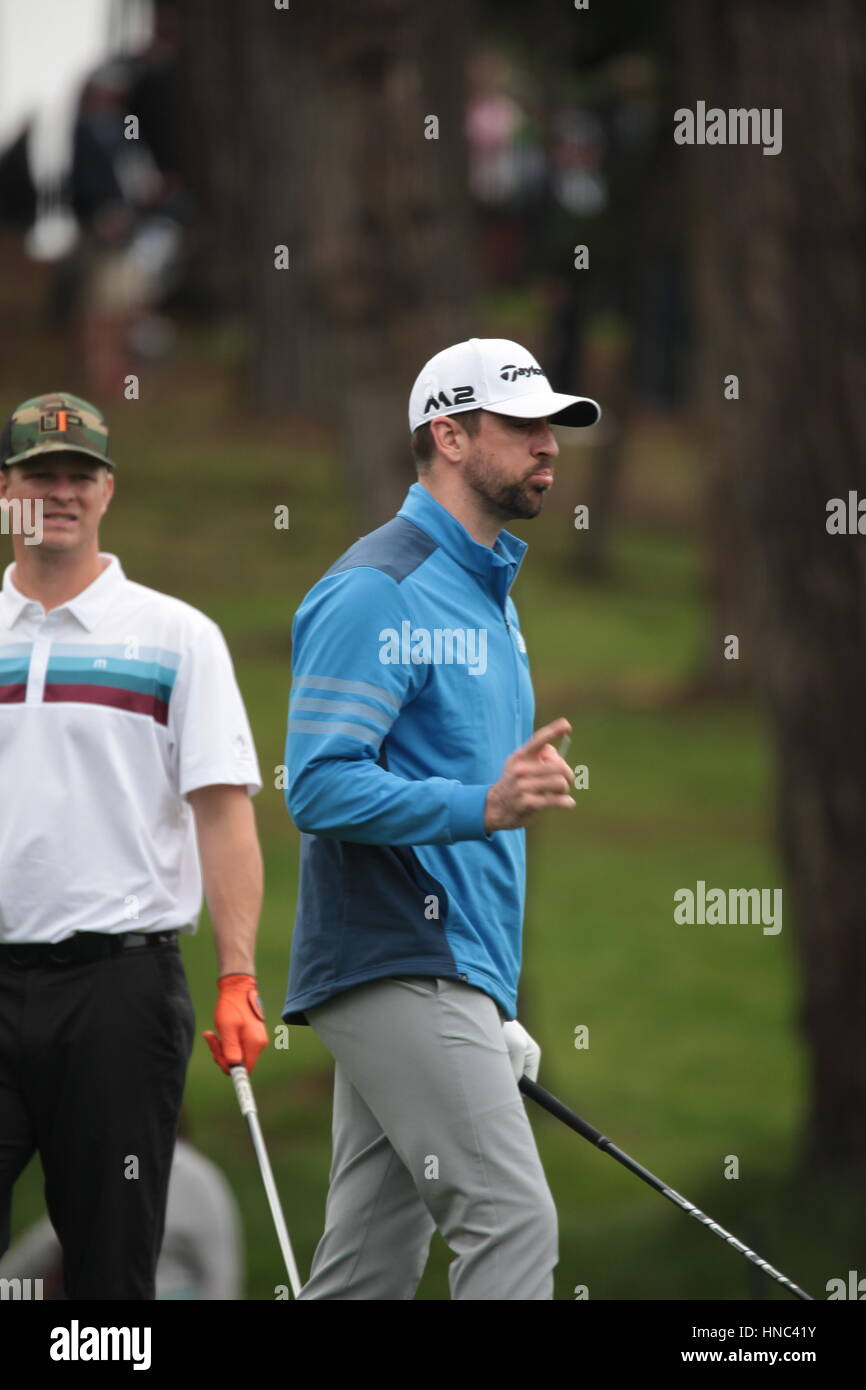 Pebble Beach, California, USA. 10th February 2017. Aaron Rodgers drives ...