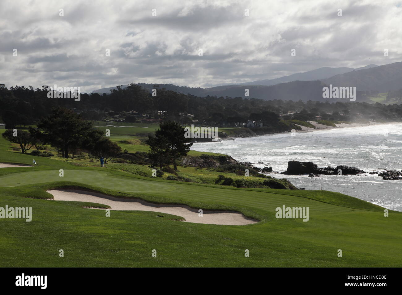 Pebble Beach, California, USA The view to the 8h green and the 9th and ...