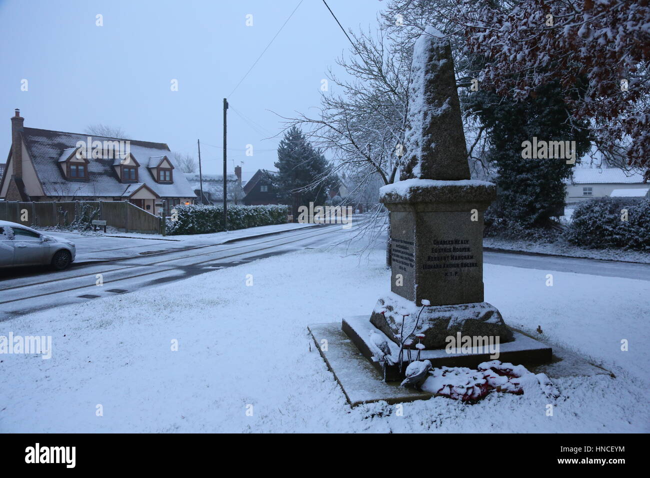 Chrishall, Essex, UK. 12th February, 2017. UK Weather: The War memorial ...