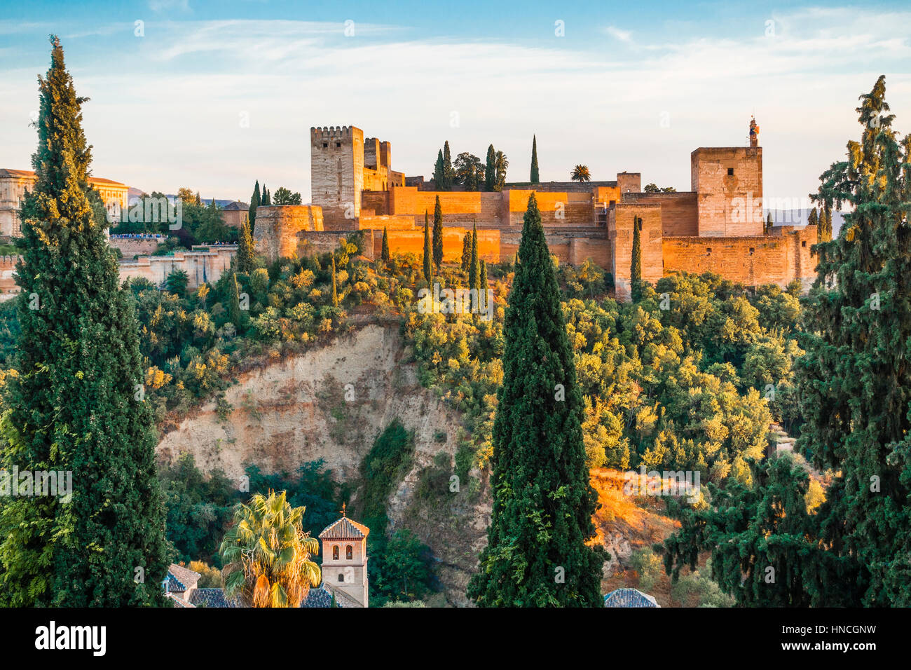 A view from the Alhambra from across the valley at sunset in Granada ...