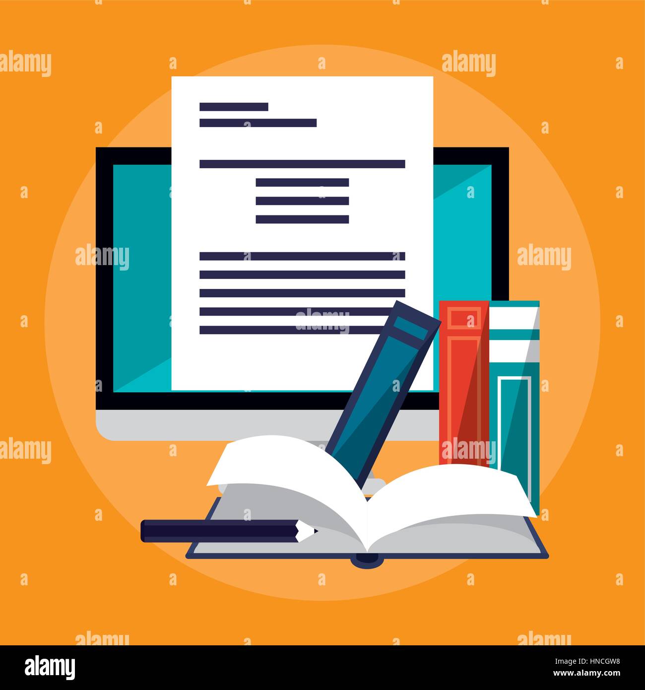 computer, paper page and books over yellow background. colorful design ...