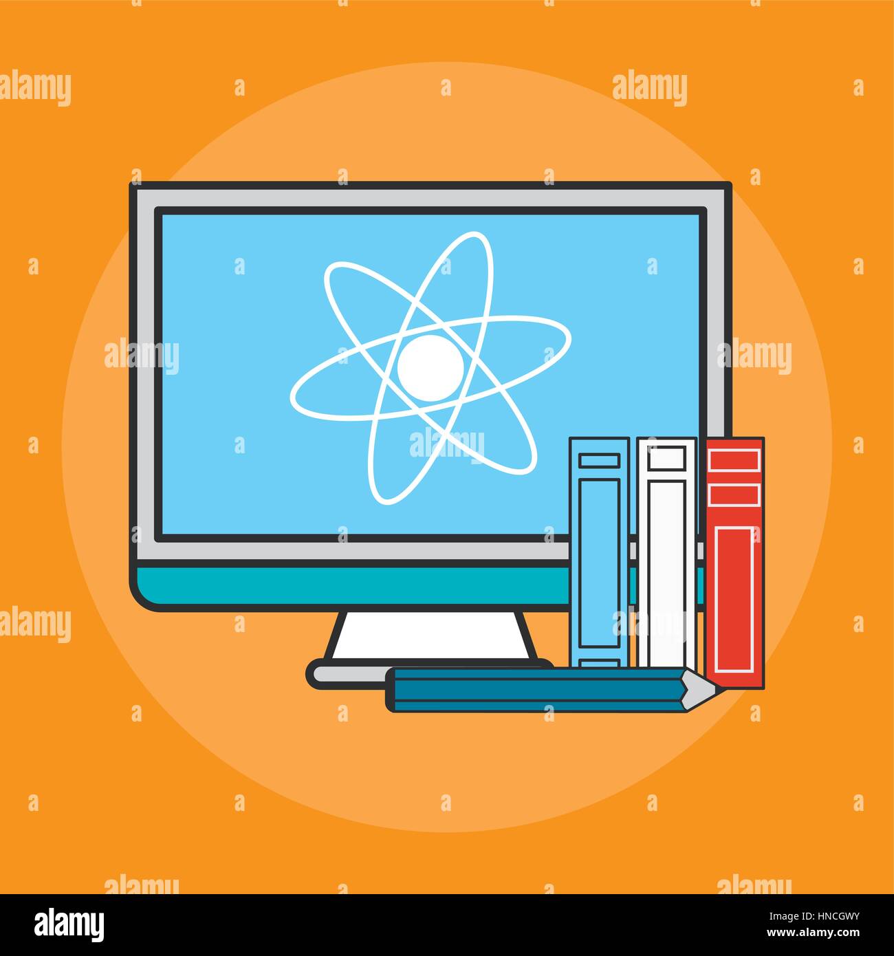 books and computer with atom icon on screen over yellow background ...