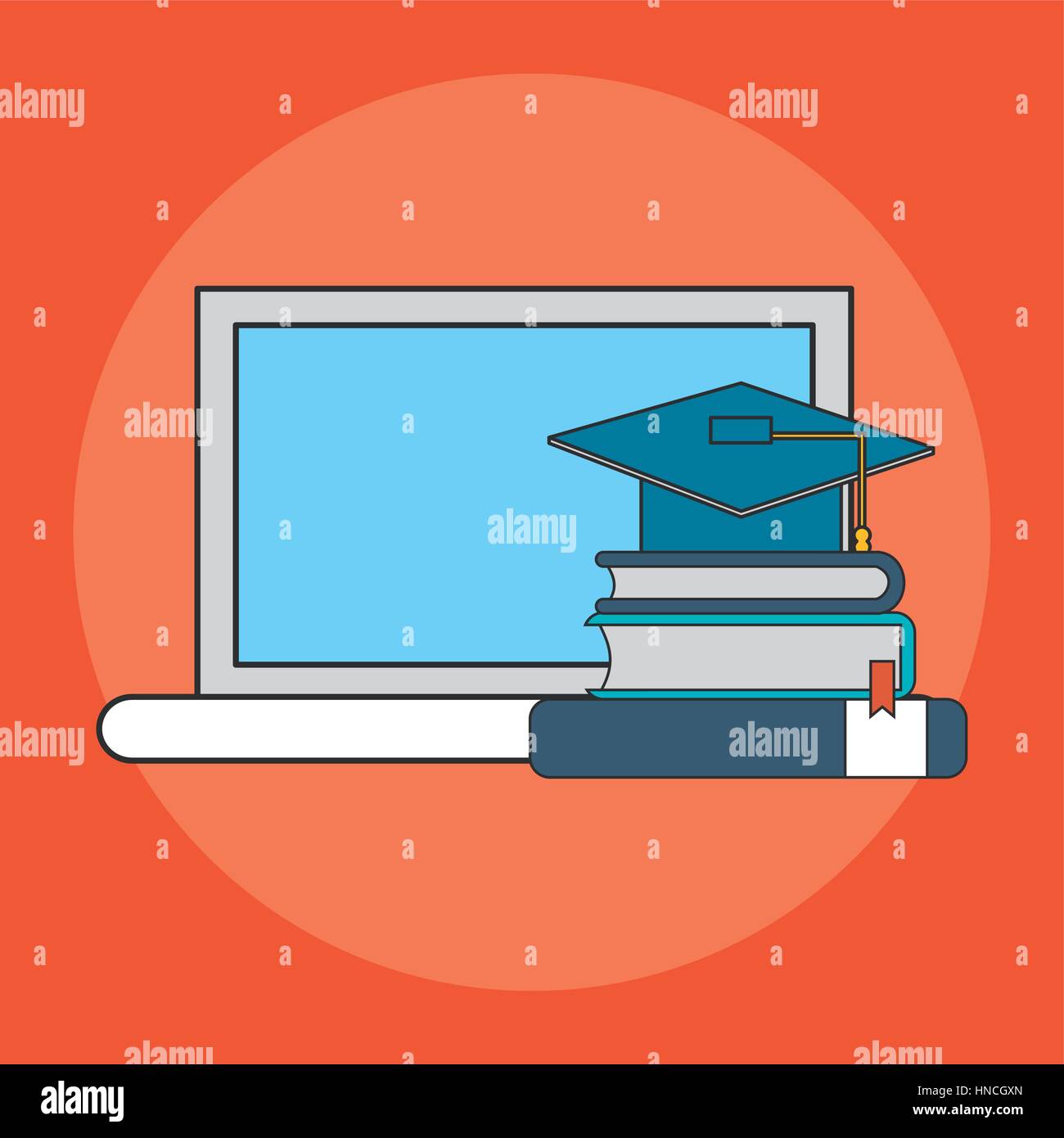 computer with graduation cap and books over red background. colorful ...