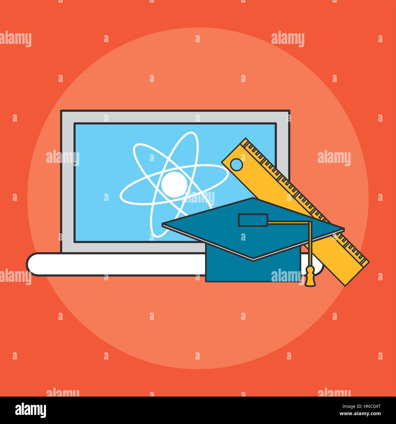 computer, graduation cap and ruler icon over red background. colorful ...